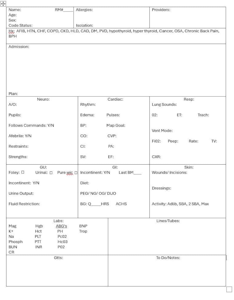 ICU Report Sheet With Shift Planner on Back - Etsy