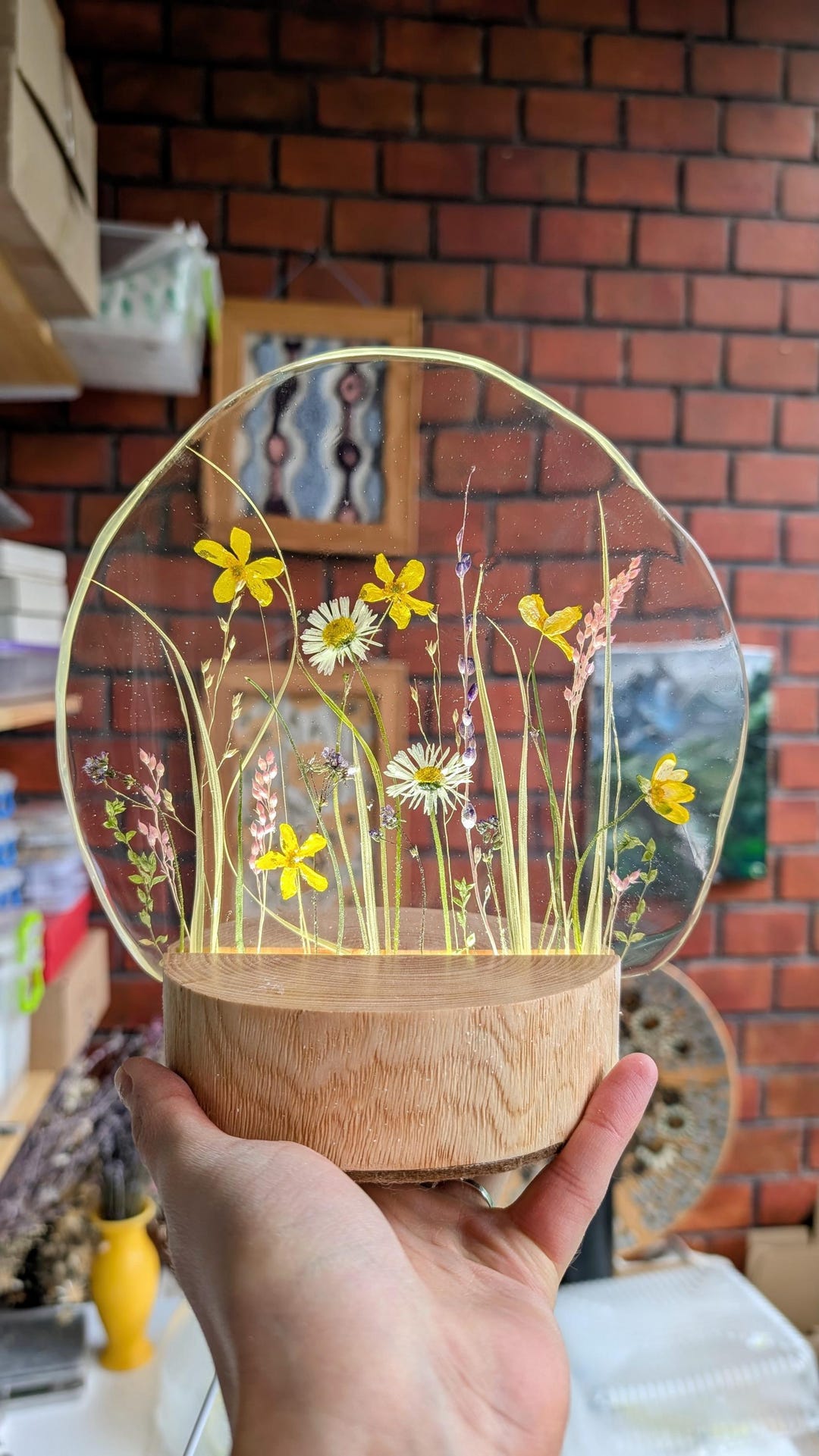 Pressed Wildflower Resin Lamp - Handmade Lighting on Wooden Base - Boho ...