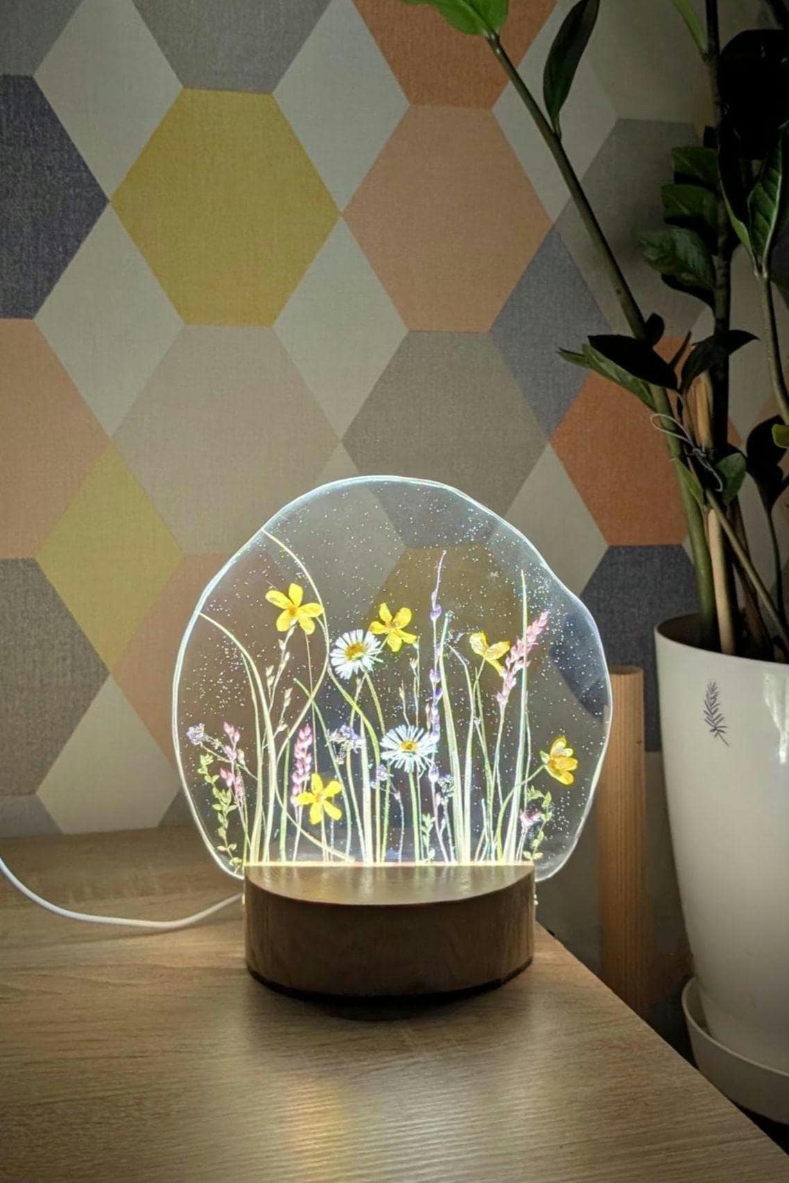 Pressed Wildflower Resin Lamp - Handmade Lighting on Wooden Base - Boho ...