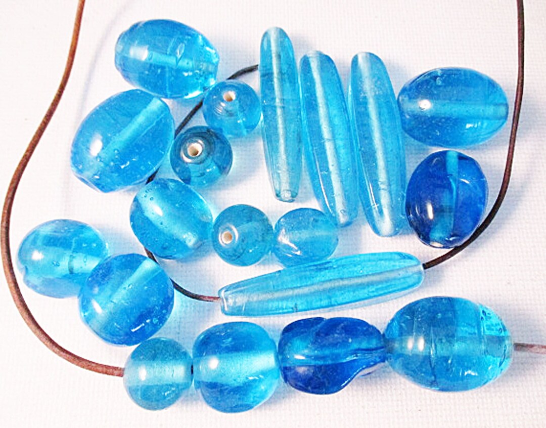 Blue Glass Beads, Assorted Shapes, 12-43mm, Vintage India Glass, 19 ...