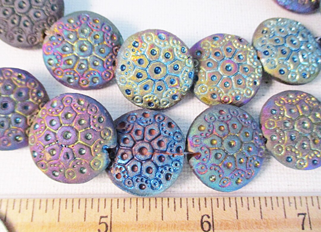 Textured Pressed Clay Beads, Rainbow Vacuum Coated, Puffed Flat Round ...