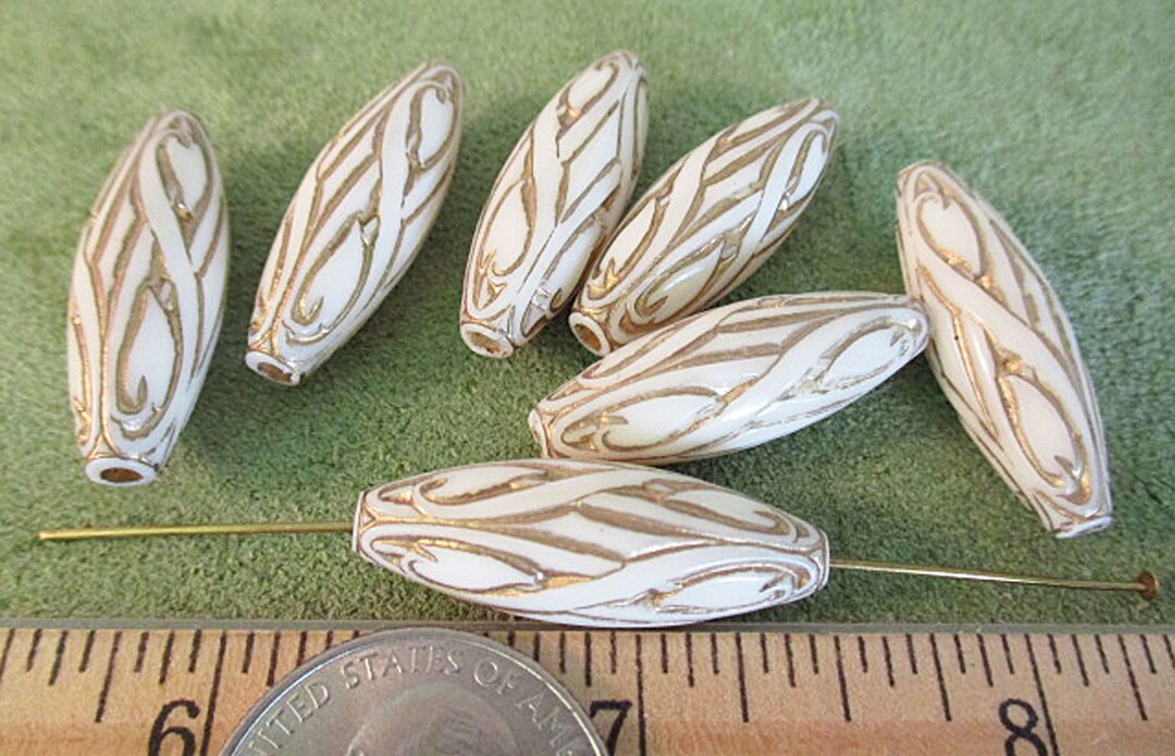 Acrylic Tapered Tube Beads, Off-white Gold, Decorative Design, 30mm X ...