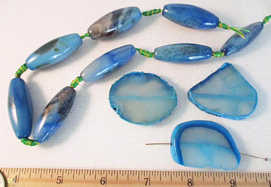 Blue Agate Beads, Assorted Slice Slabs and Rounded Oval Beads, 11 Count ...