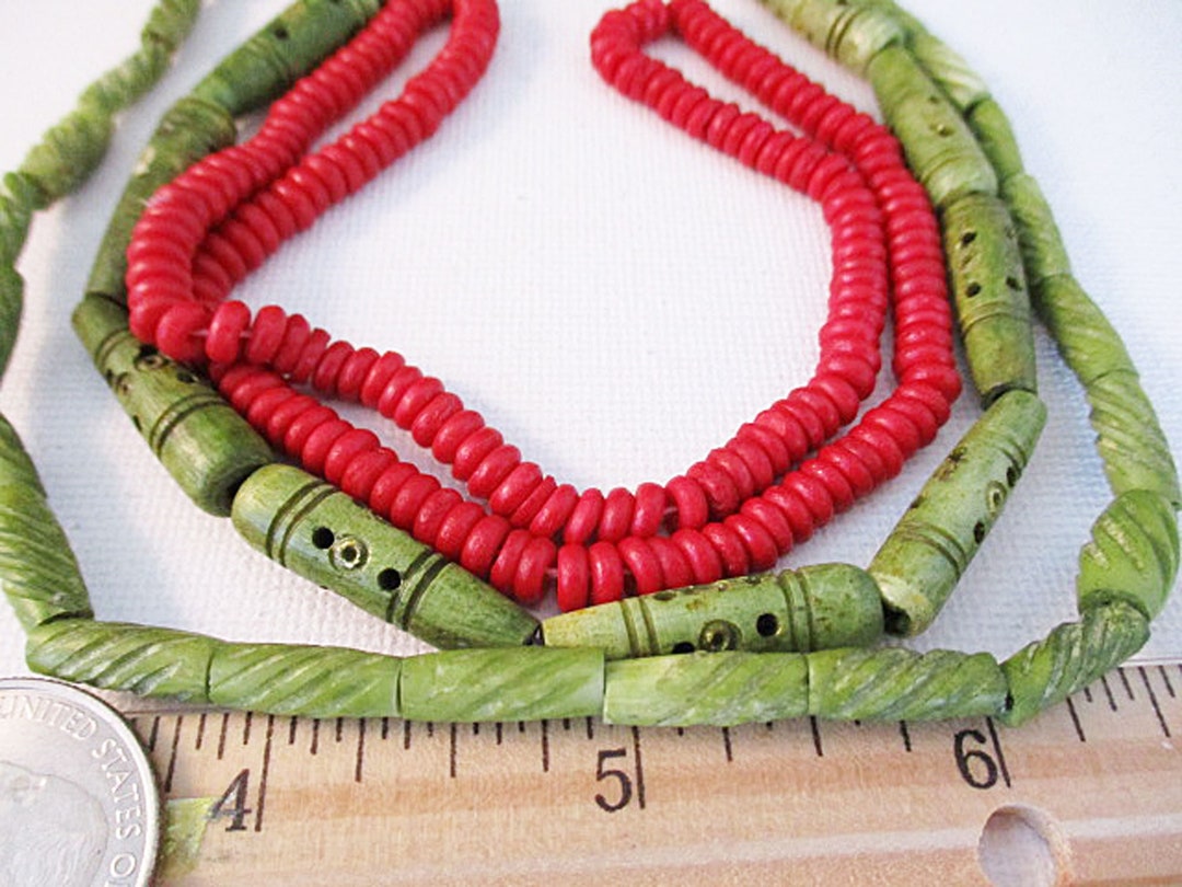 Green Tube Bone & Red Rondelle Bone Beads, 5mm to 25mm, 3 Strands Bn105 ...