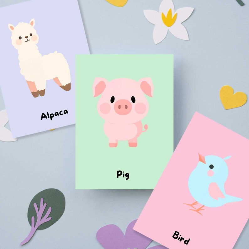 32 Kawaii Farm Animals Cards, Montessori Flash Cards, Pre-school Cards ...