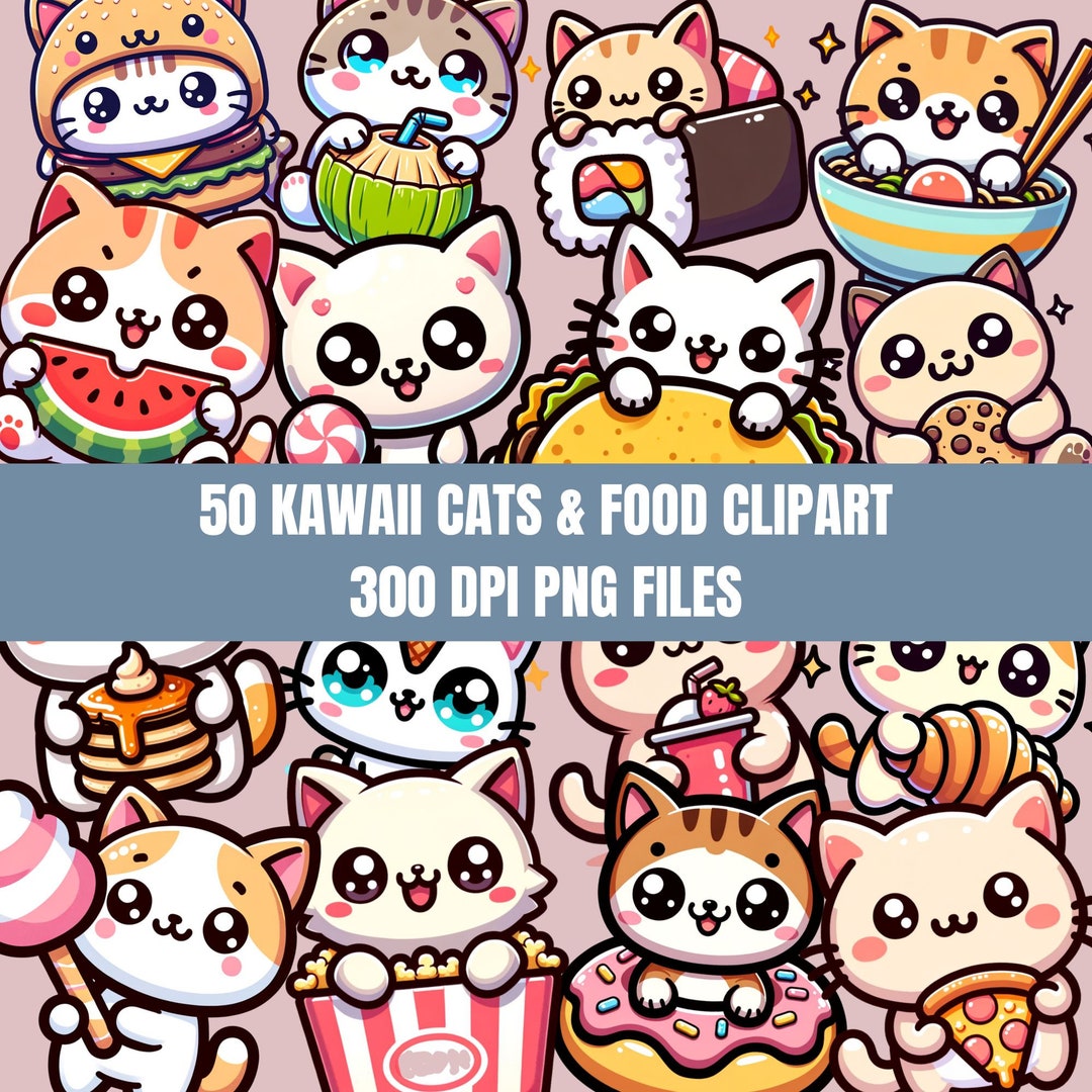 50 Kawaii Clipart Cats & Food, Cute Kitten Clipart, Cat Mom, Foodie, 50 ...