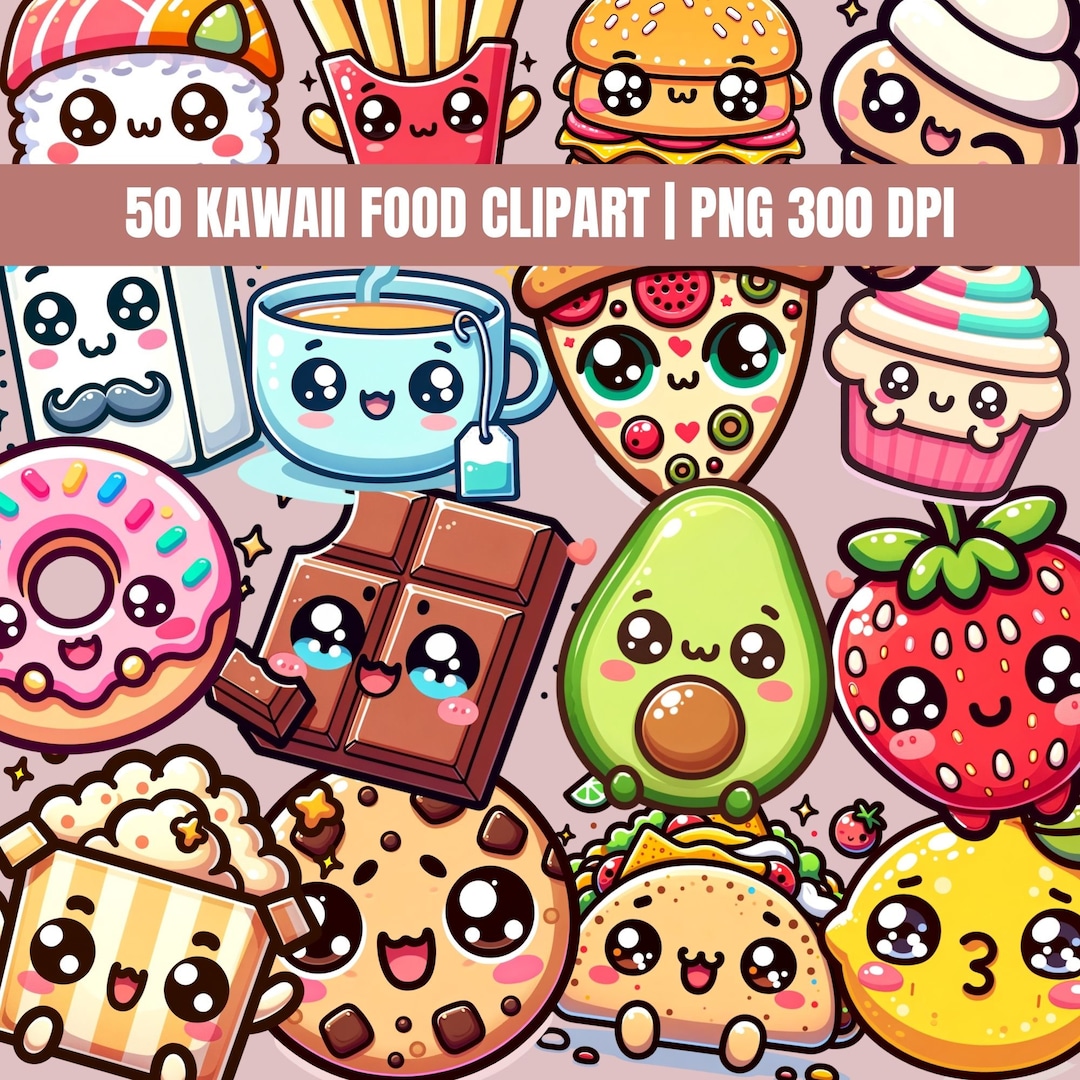 50 Kawaii Cute Food Clipart, Nursery Decor, Digital Download, Sticker ...