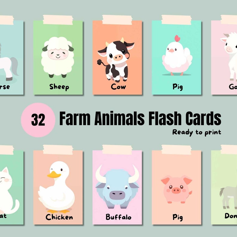 32 Kawaii Farm Animals Cards, Montessori Flash Cards, Pre-school Cards ...