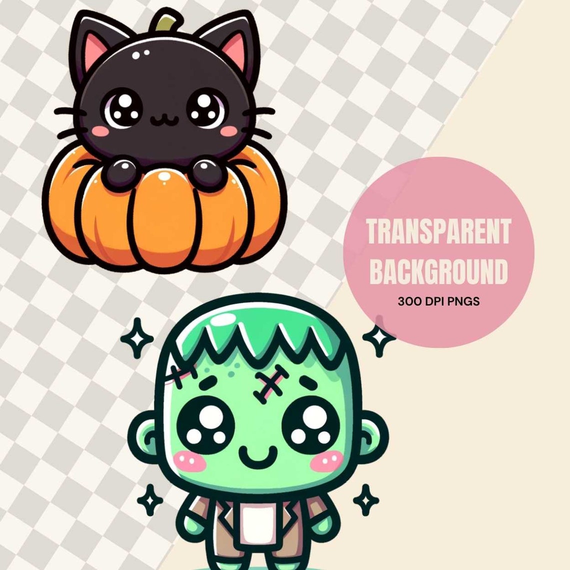Cute Kawaii Halloween Clipart, Ghosts, Skulls, Black Cats, Witches, 50 ...