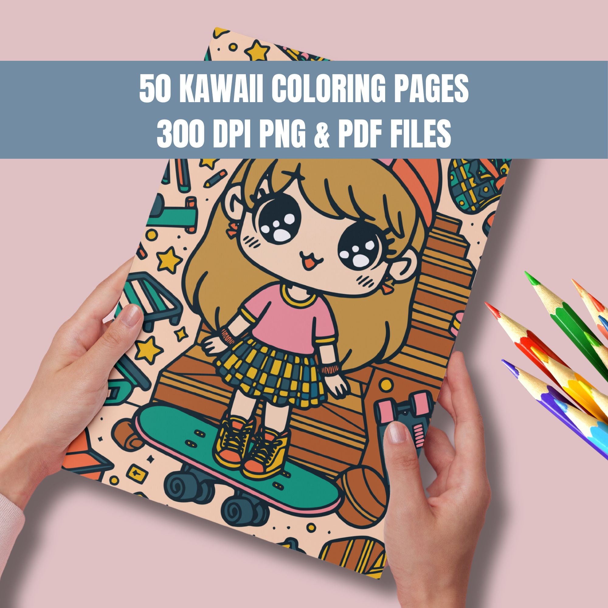 50 Kawaii Coloring Pages, PNG and PDF Files, Digital Download, for Kids ...