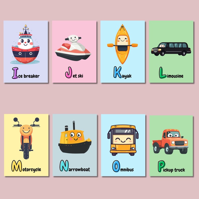 26 Alphabet Vehicle Flashcards for Kids, Montessori Flash Cards ...