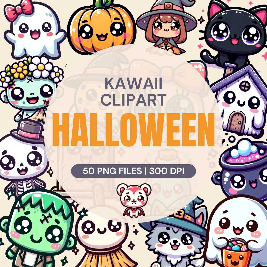 Cute Kawaii Halloween Clipart, Ghosts, Skulls, Black Cats, Witches, 50 ...