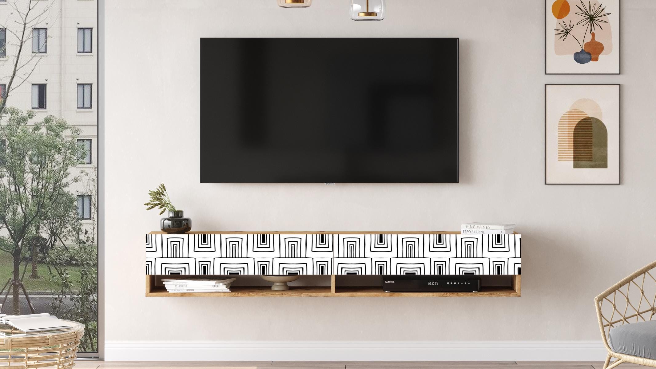 Future TV Unit Maze Pine-white UV Print 70 Inches Floating ...