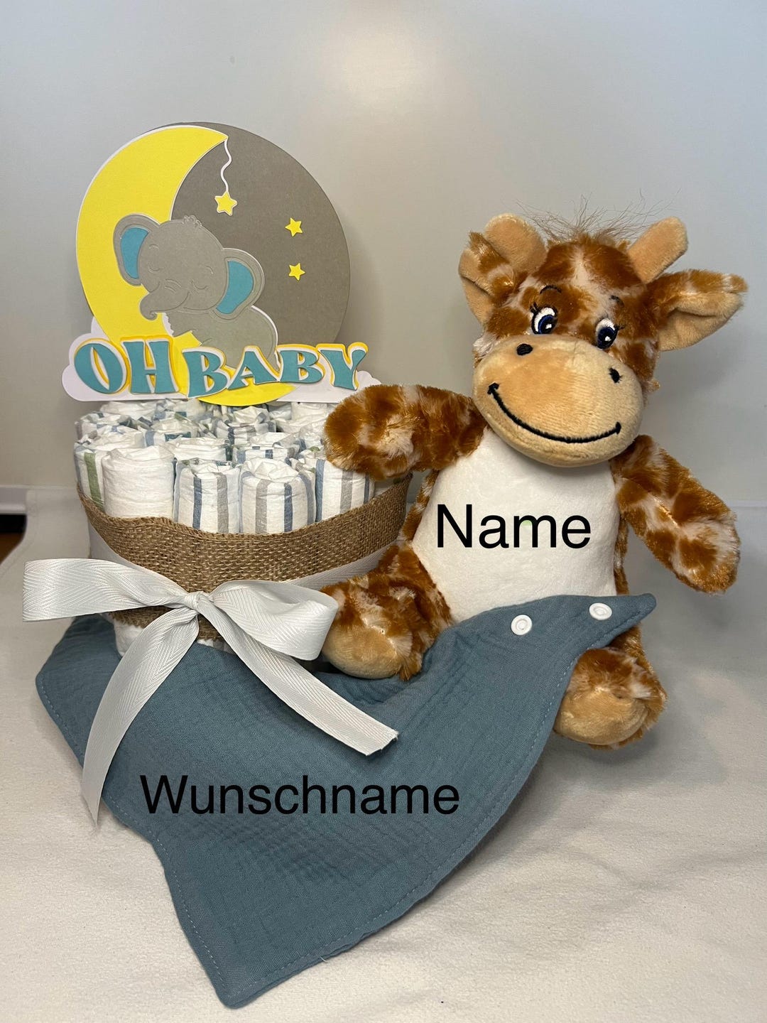 Diaper Cake Small With Personalized Cuddly Toy, Muslin Scarf and Diaper ...