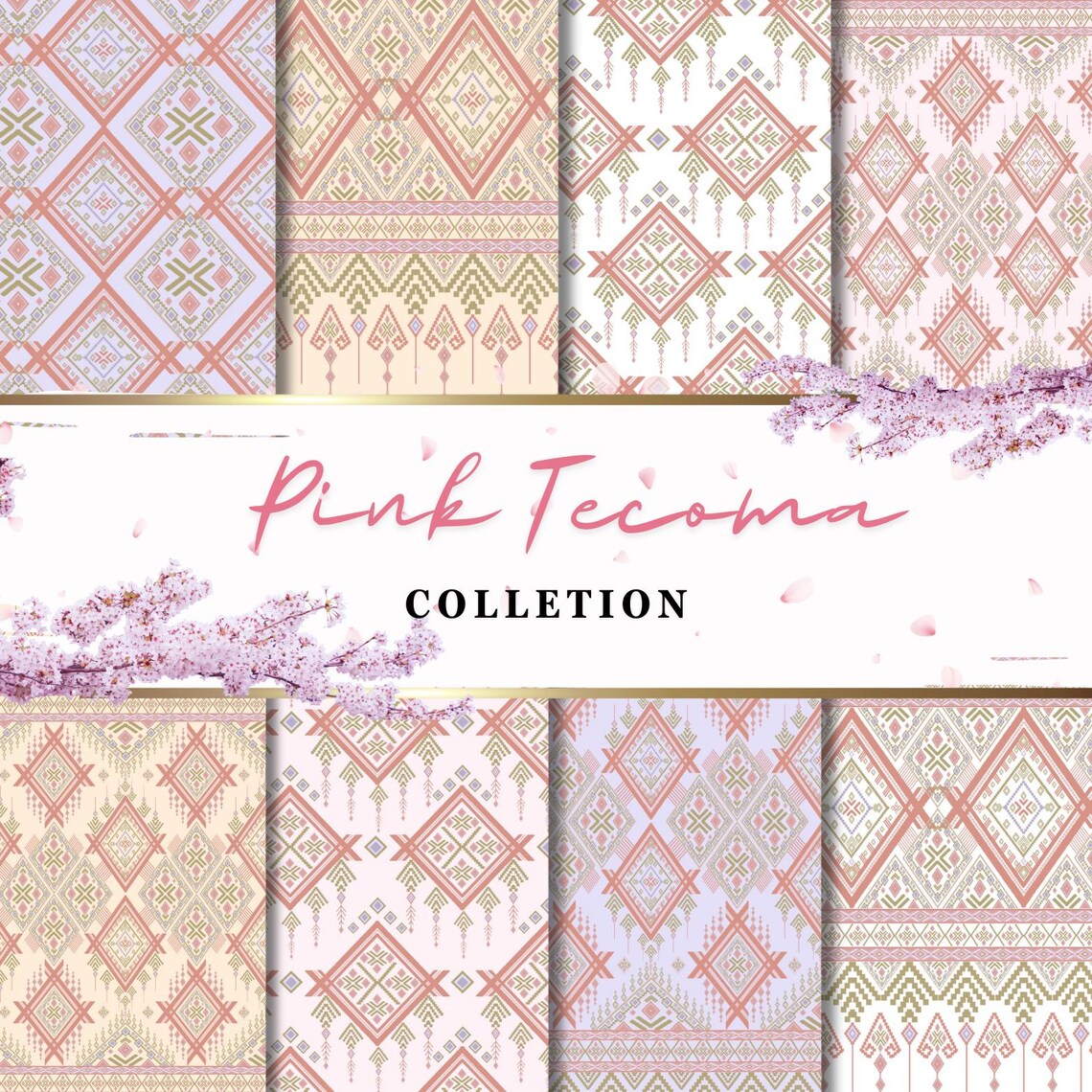 Enchanting Pink Tecoma Geometric Patterns,seamless Patterns ,hand Drow ...