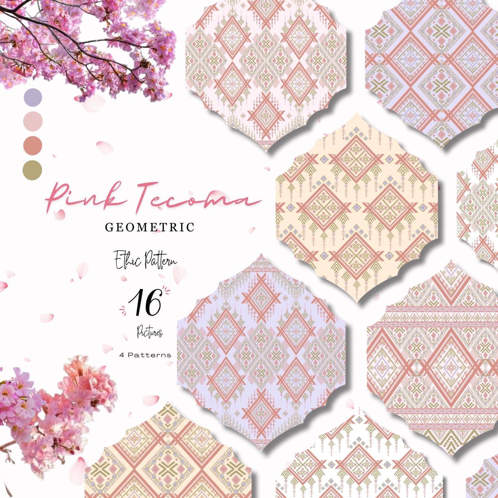 Enchanting Pink Tecoma Geometric Patterns,seamless Patterns ,hand Drow ...
