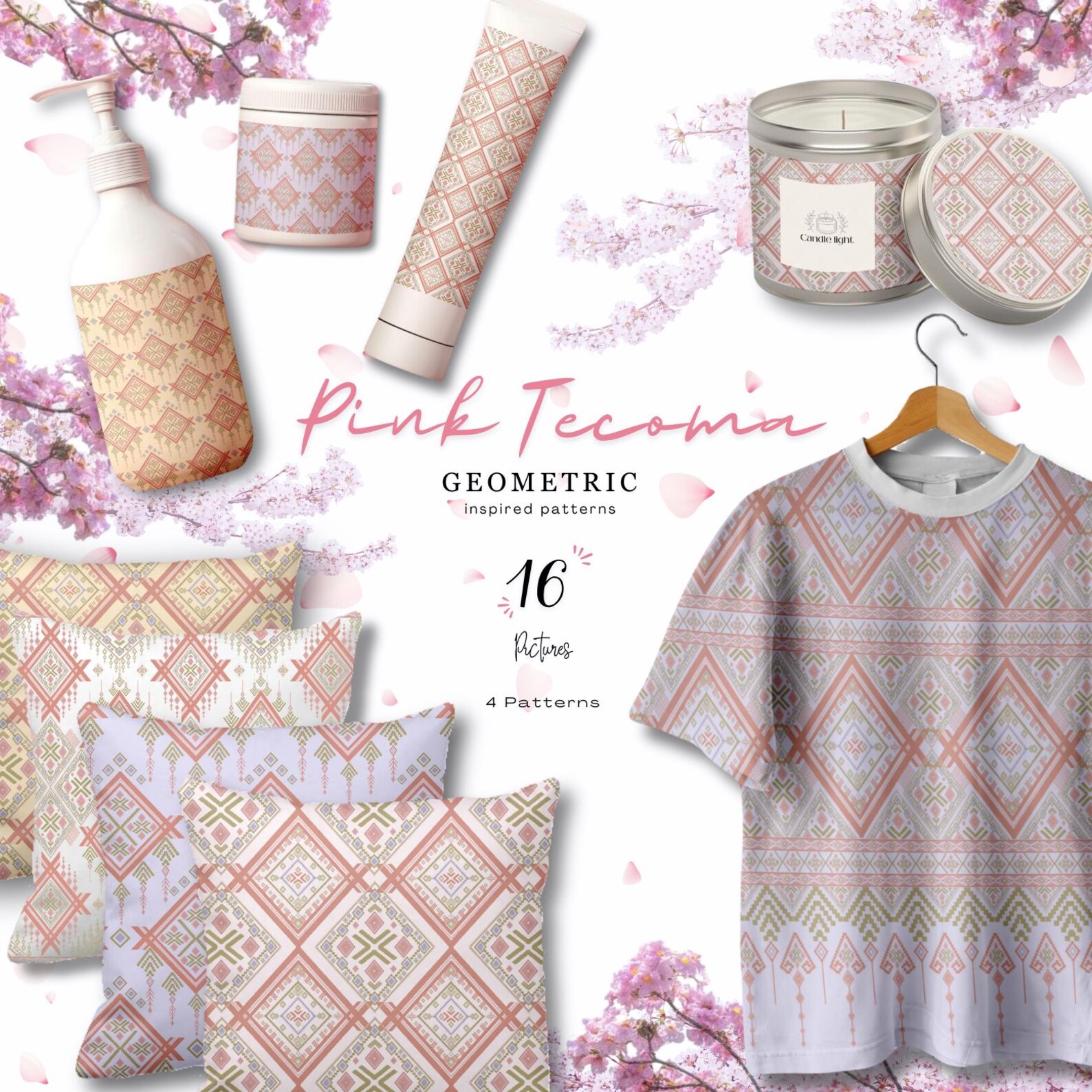 Enchanting Pink Tecoma Geometric Patterns,seamless Patterns ,hand Drow ...