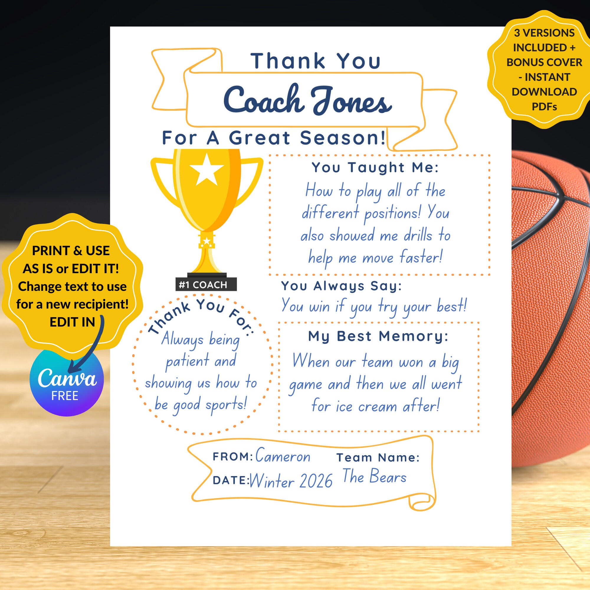 Basketball Coach Thank You Gift: Fill-in-the-blank Printable (EDITABLE ...