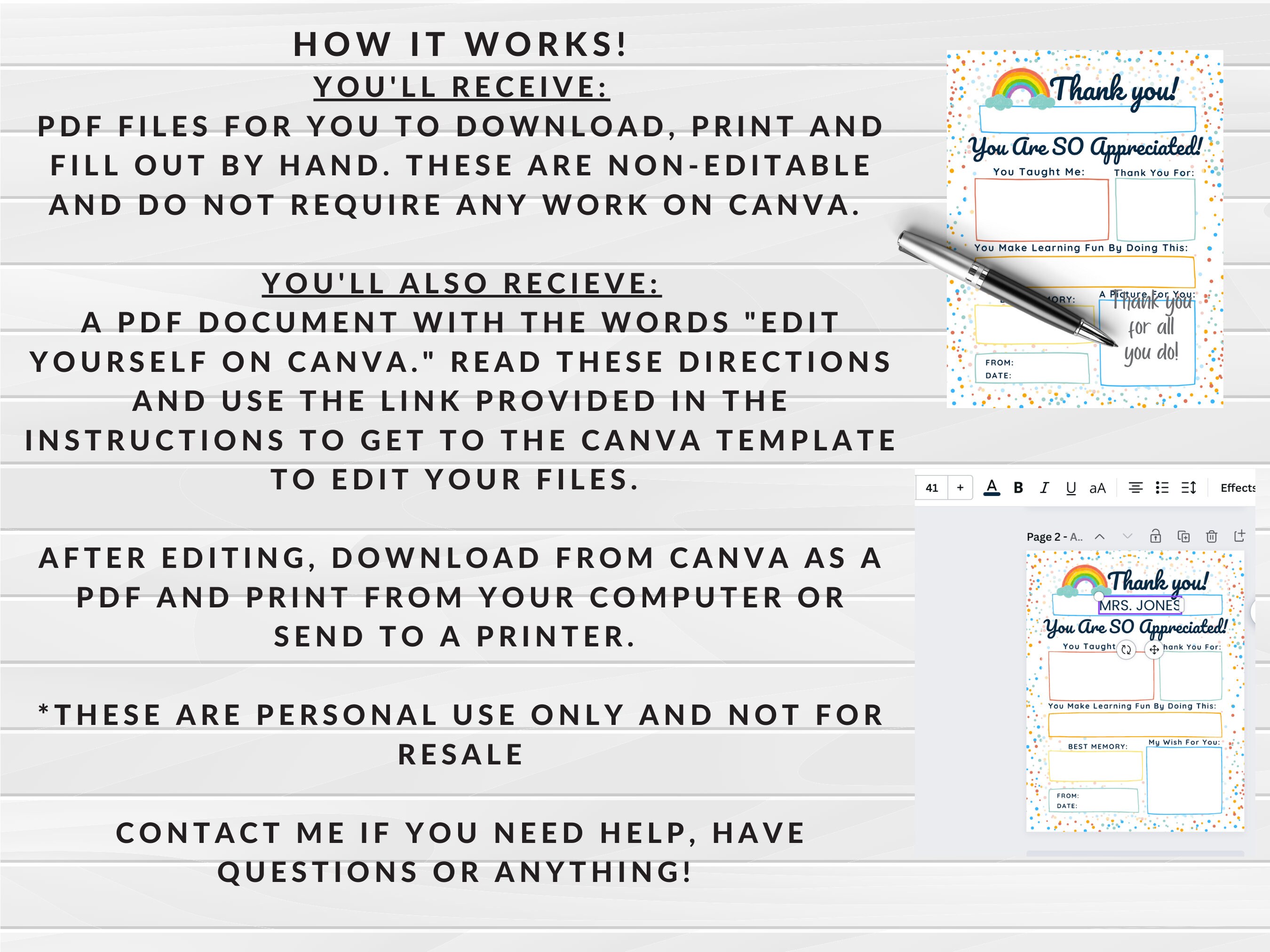 Teacher Appreciation Fill-in Printable: Rainbow Design (EDIT IN CANVA ...