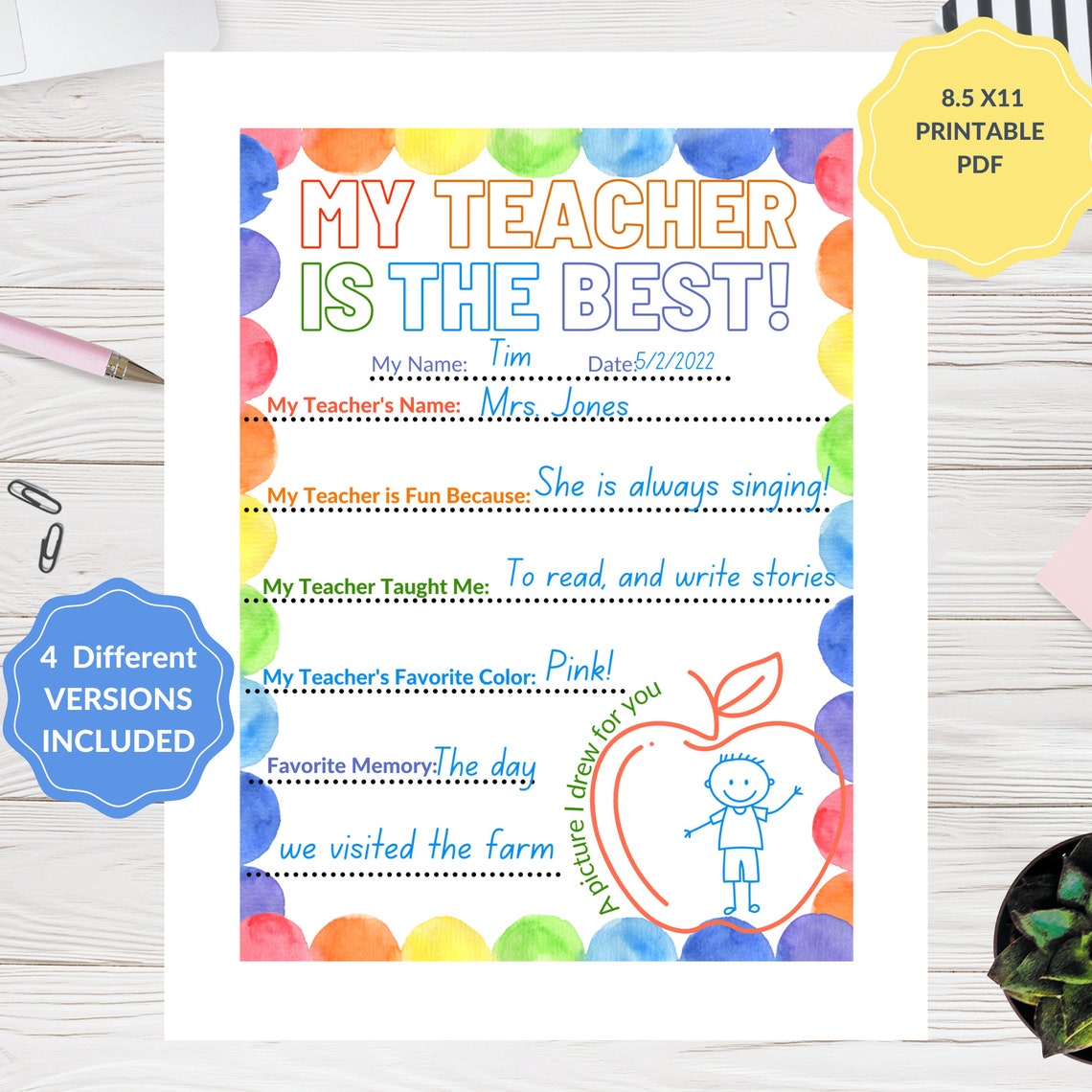 Rainbow Watercolor Teacher Appreciation Printable, Teacher Thank You ...