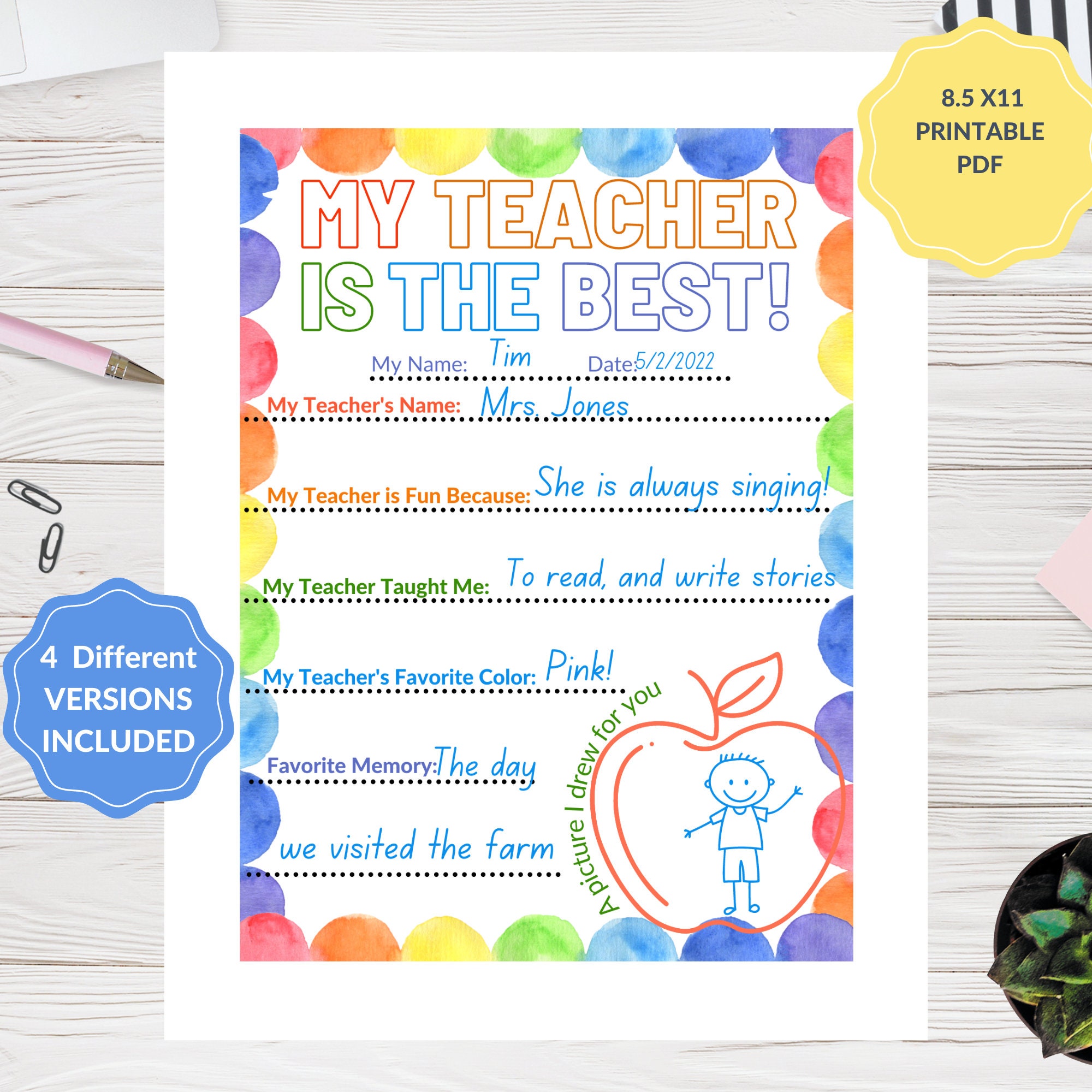 Rainbow Watercolor Teacher Appreciation Printable, Teacher Thank You ...