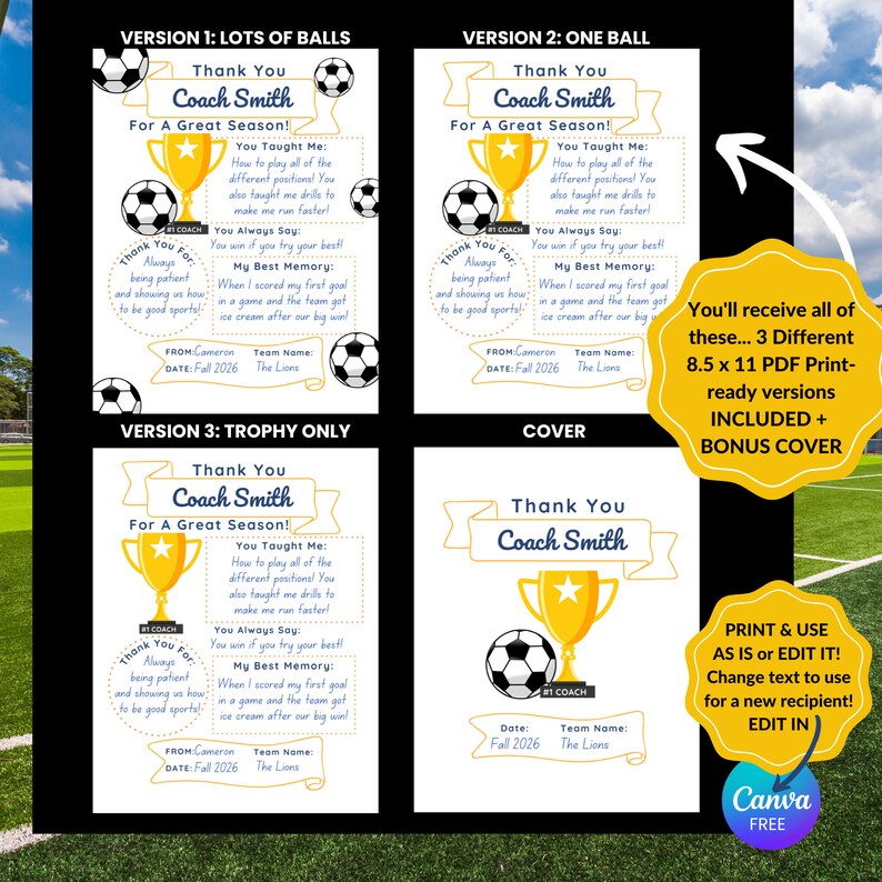 Printable Soccer Coach Thank You Note, Team Gift (canva Editable, PDF ...