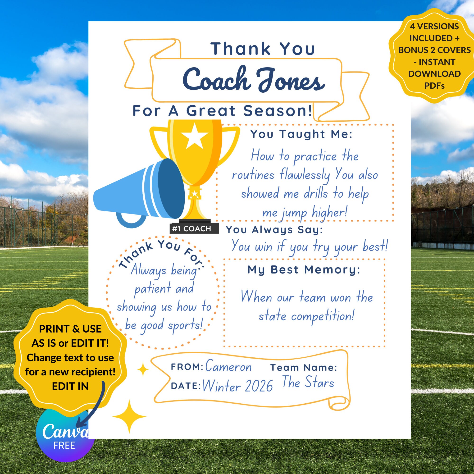 Cheer Coach Thank You Present, Cheerleading Team End of Season Gift ...