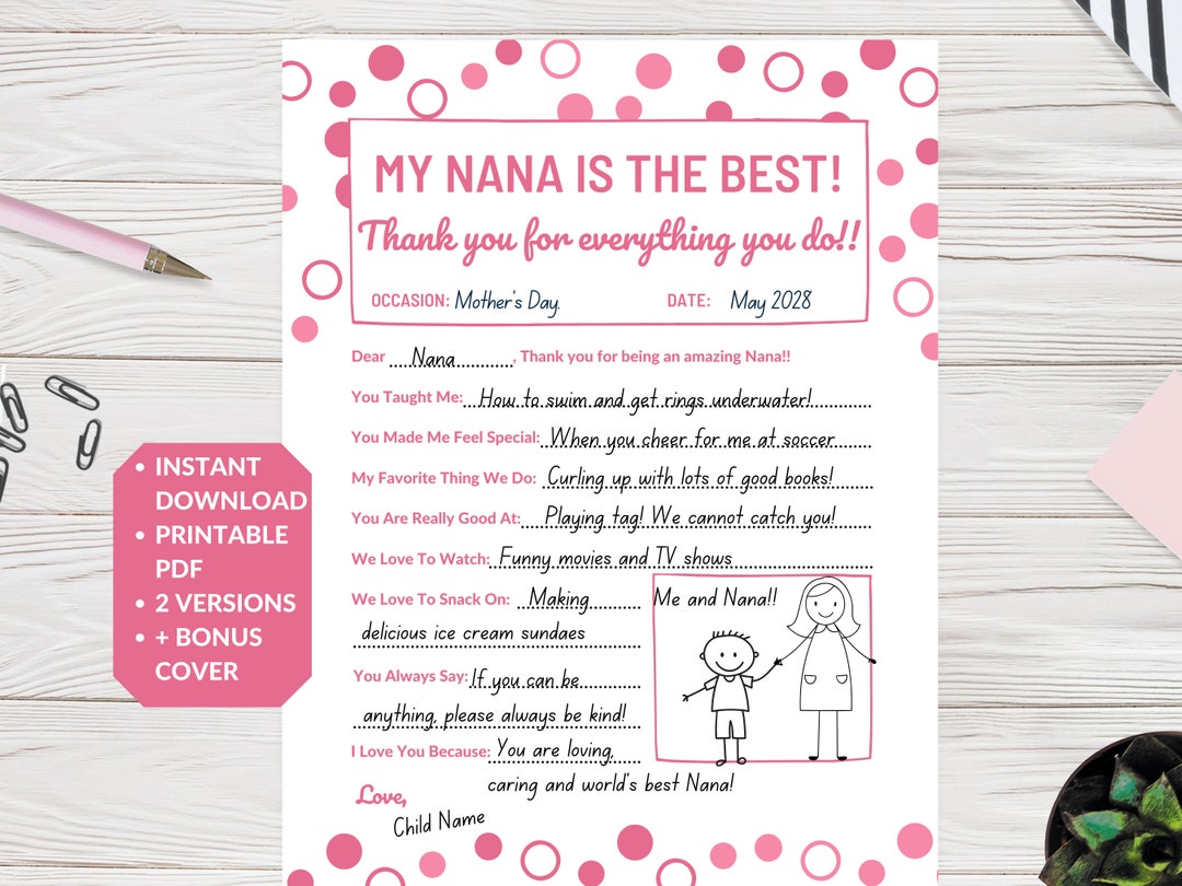 Nana Mother's Day Printable, All About Grandmother Fill in Blank, Nana ...