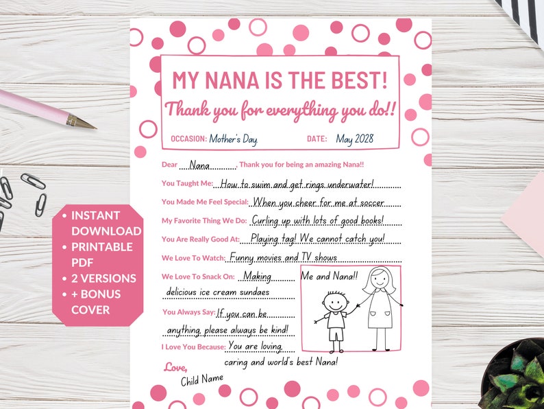 Nana Mother's Day Printable, All About Grandmother Fill in Blank, Nana ...