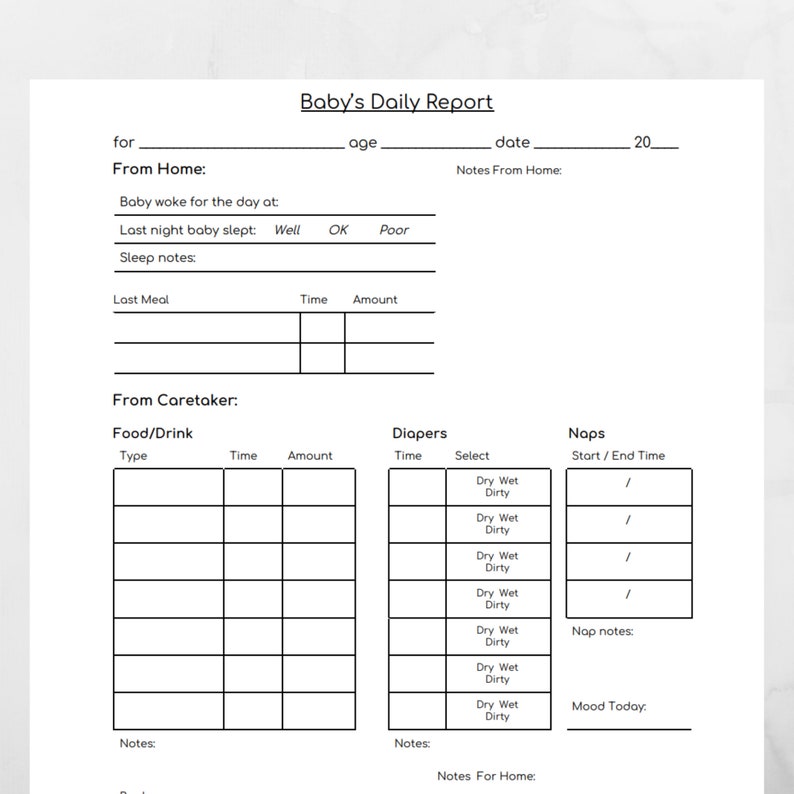 Baby Report for Nanny Daycare Preschool Babysitter Diaper Feeding Sleep ...