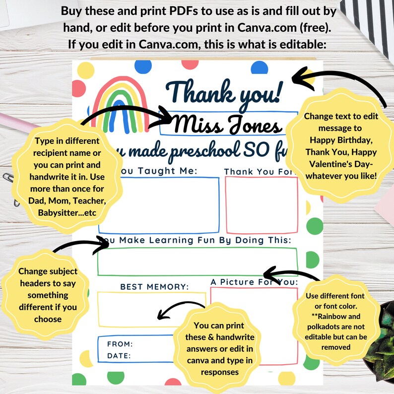 Preschool Teacher Appreciation Printable: Fill-in Thank You Gift (edit ...