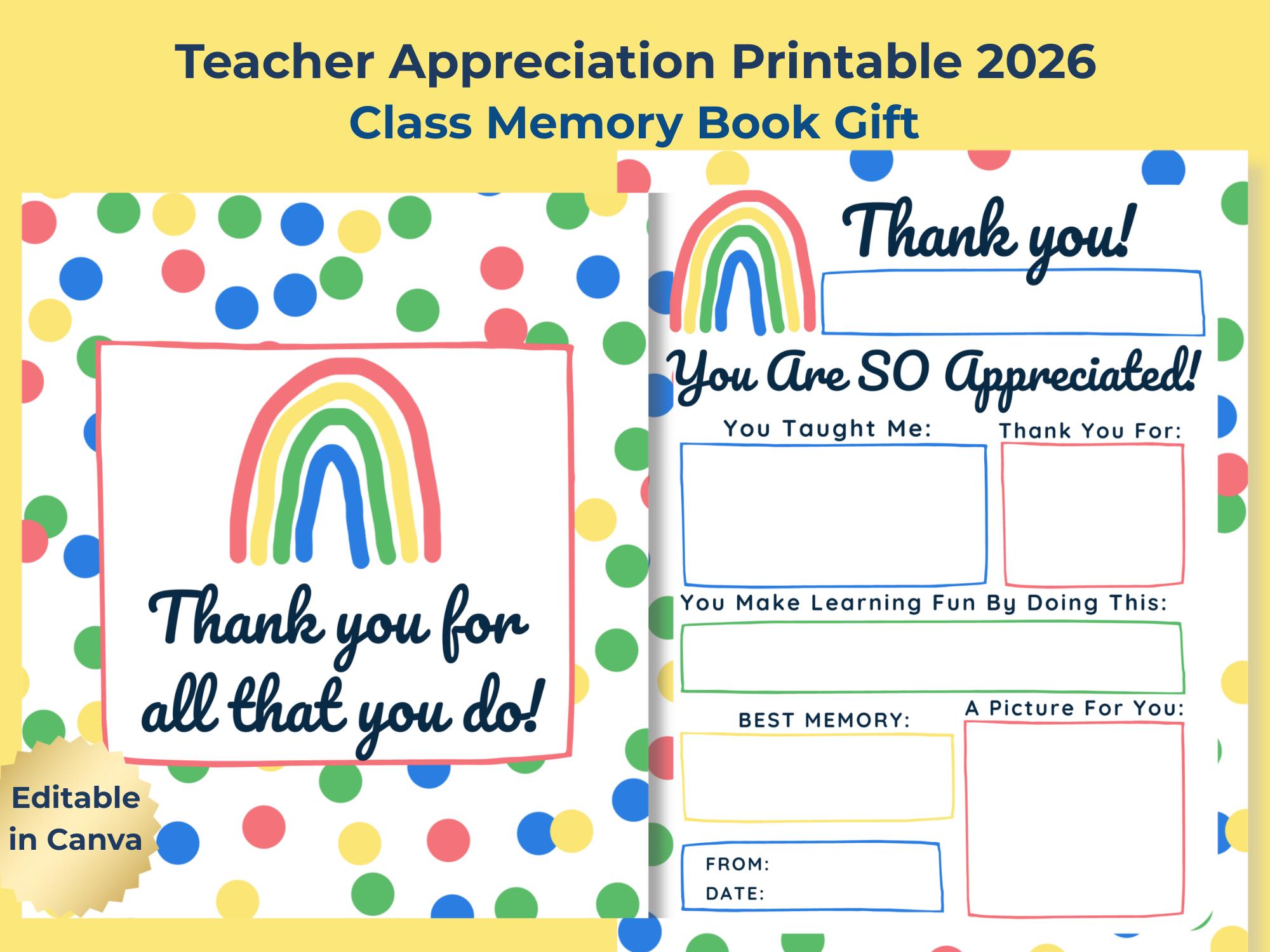 Teacher Appreciation Printable 2026, Class Memory Book Gift, All About ...