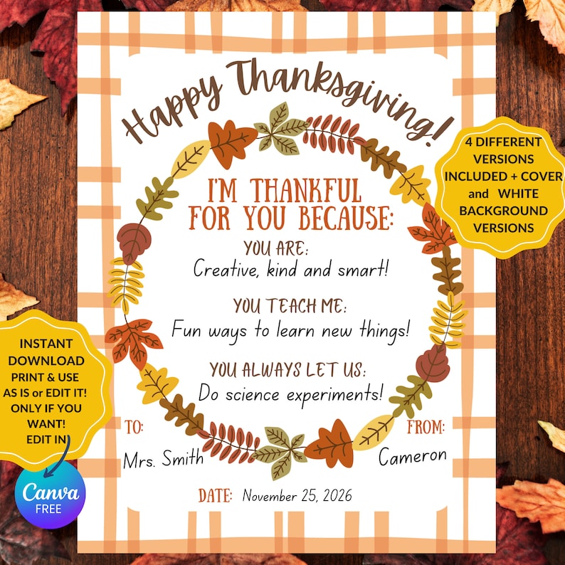 Thanksgiving Appreciation Printable, Thankful for Grandparent Note ...