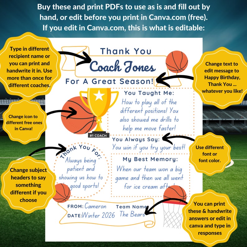 Basketball Coach Thank You Gift: Fill-in-the-blank Printable (EDITABLE ...