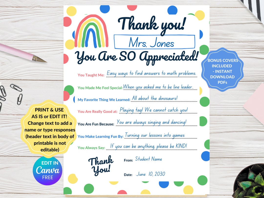 All About My Teacher Printable: Fill-in Gift, Teacher Appreciation ...