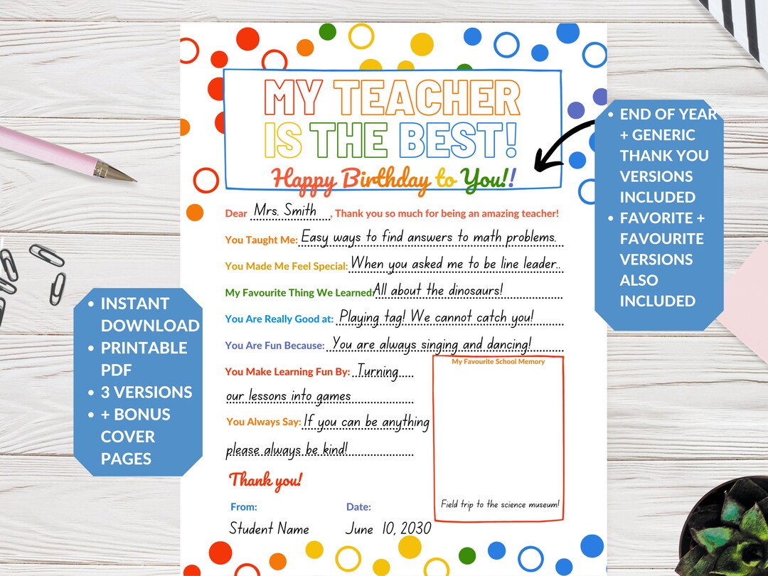 Teacher Appreciation Printable: Birthday & Thank You Letter (PDF ...