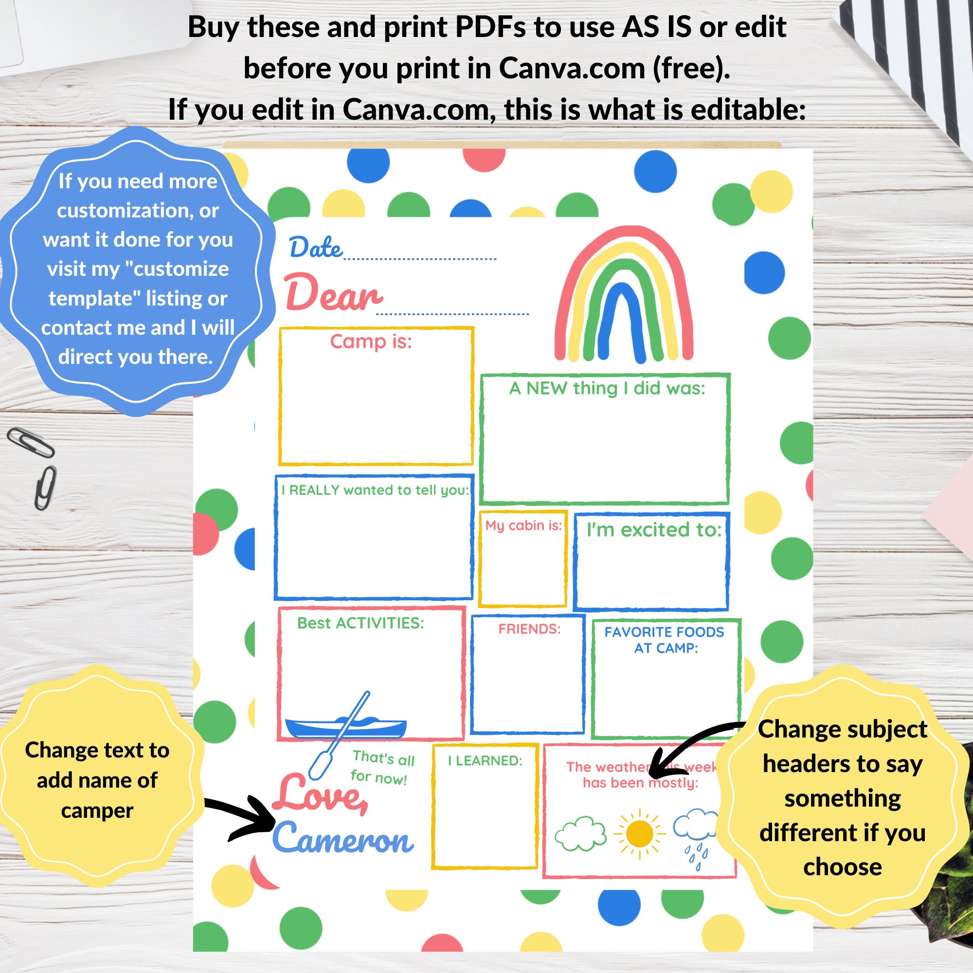 Fill in the Blank Camp Letter, Printable Letter Camp Letter, Rainbow ...