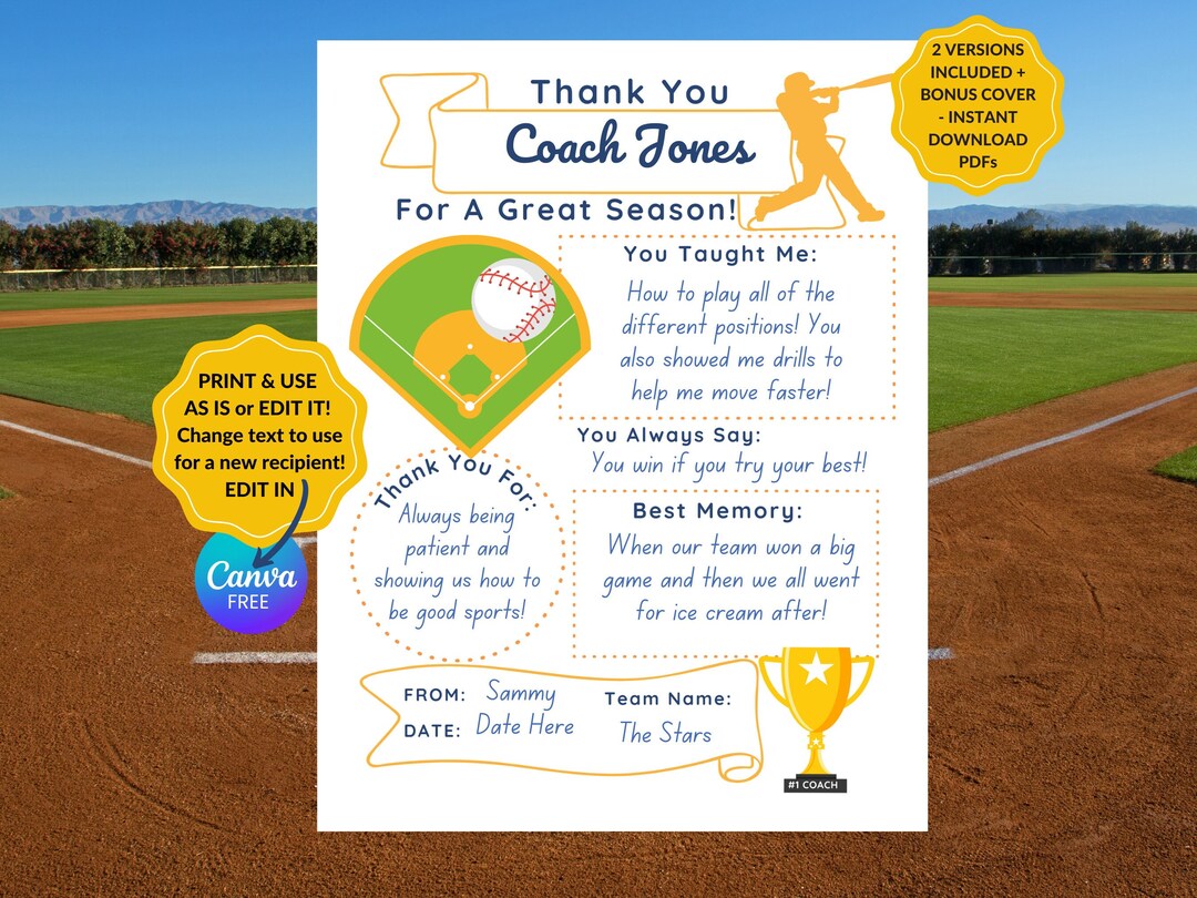 Baseball Coach Thank You Letter: End of Season Gift (printable ...