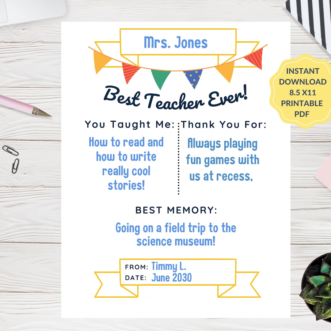 Teacher Appreciation Fill-in-blank Printable Gift (PDF) - Etsy