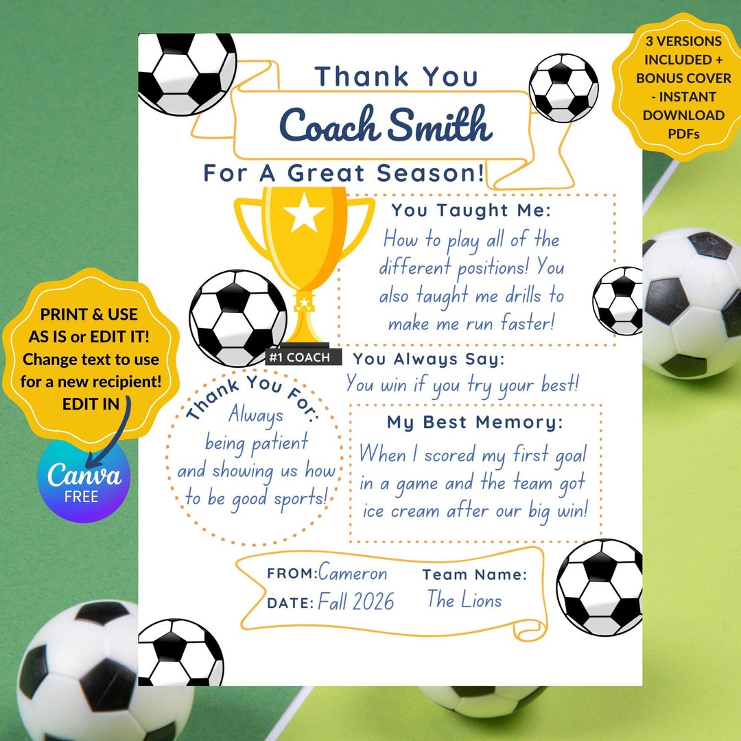 Printable Soccer Coach Thank You Note, Team Gift (canva Editable, PDF ...
