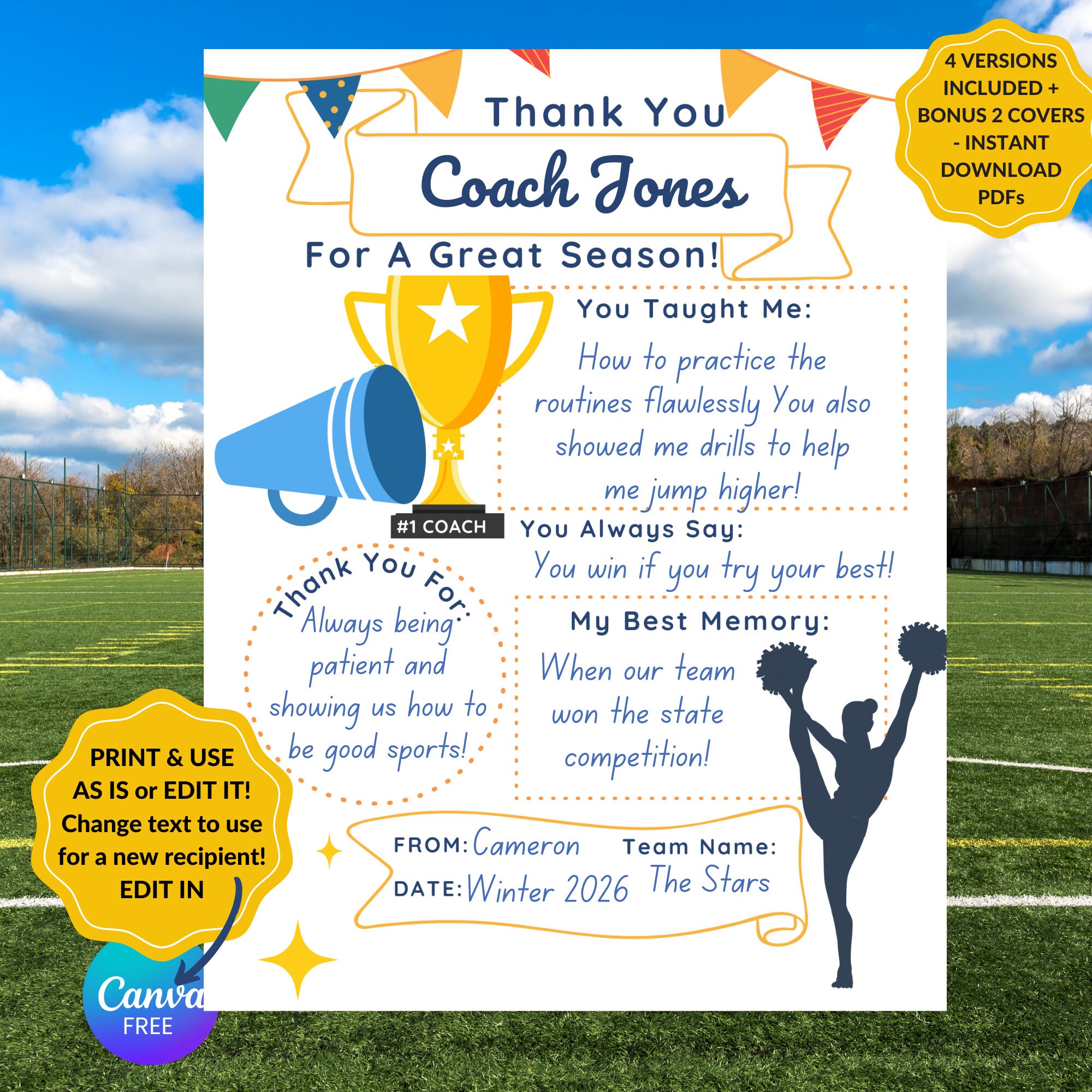 Cheer Coach Thank You Present, Cheerleading Team End of Season Gift ...