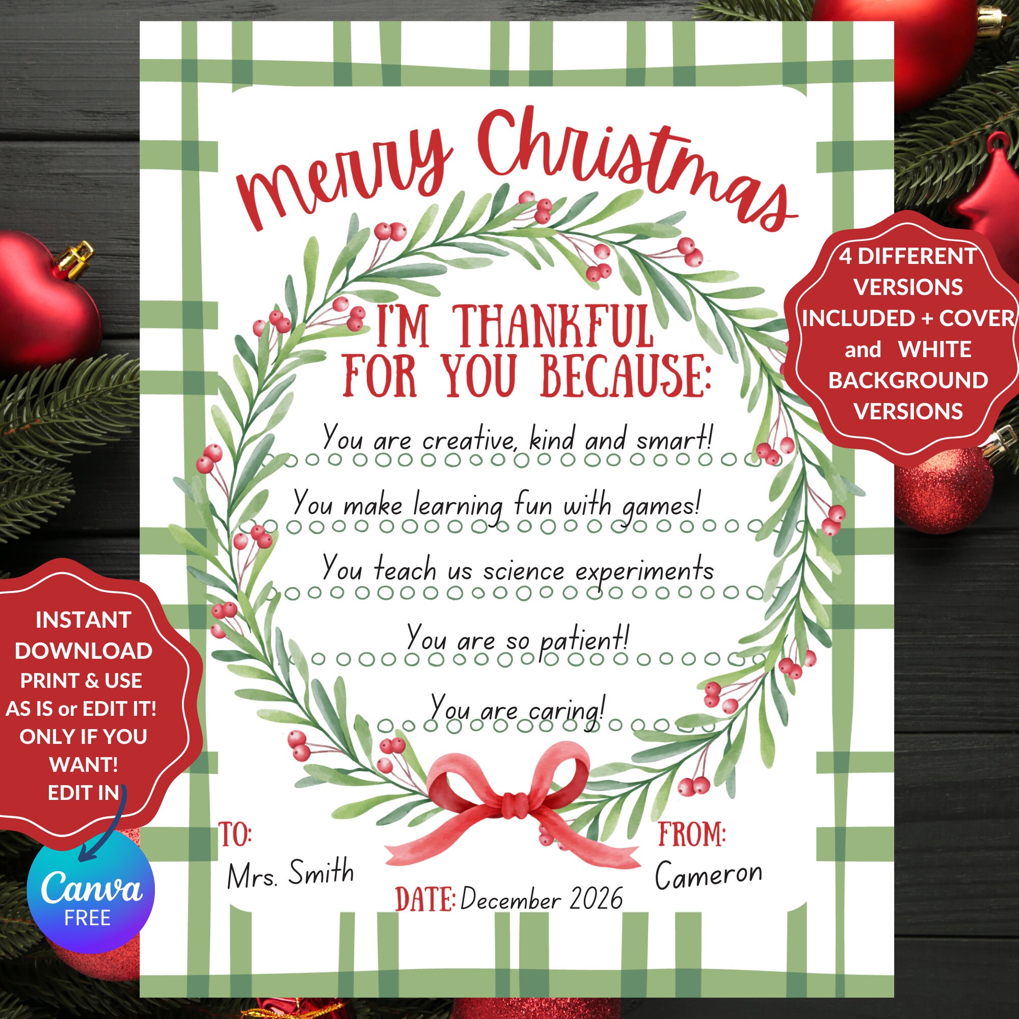 Teacher Christmas Appreciation Printable, Christmas Note From Student ...