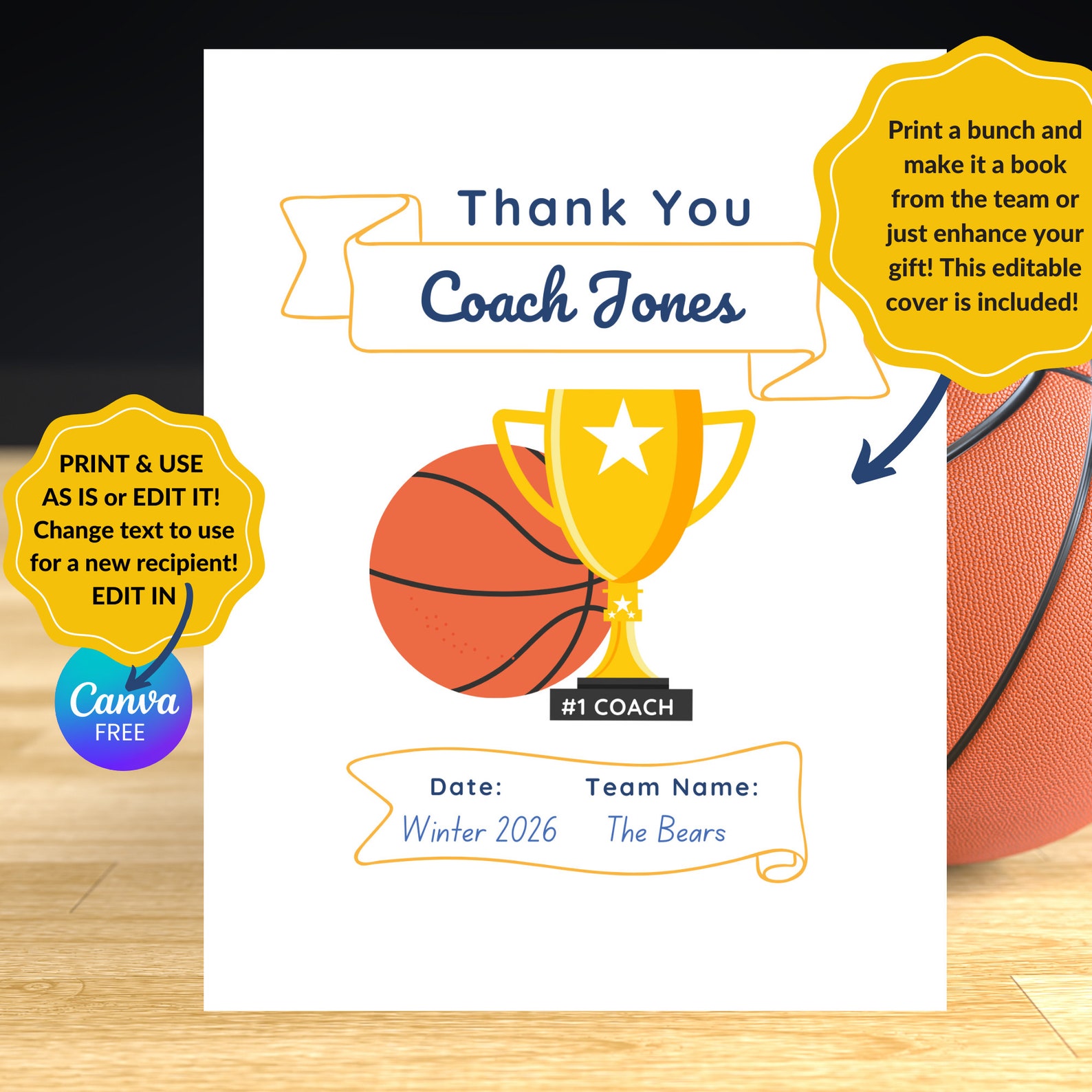 Basketball Coach Thank You Gift: Fill-in-the-blank Printable (EDITABLE ...