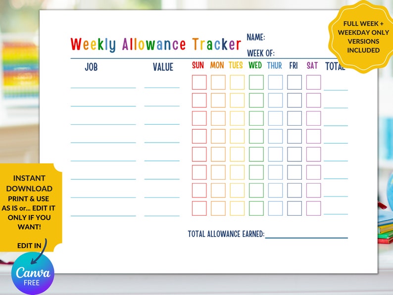 Printable Kids Chore Chart: Editable Allowance Tracker (PDF) - Etsy