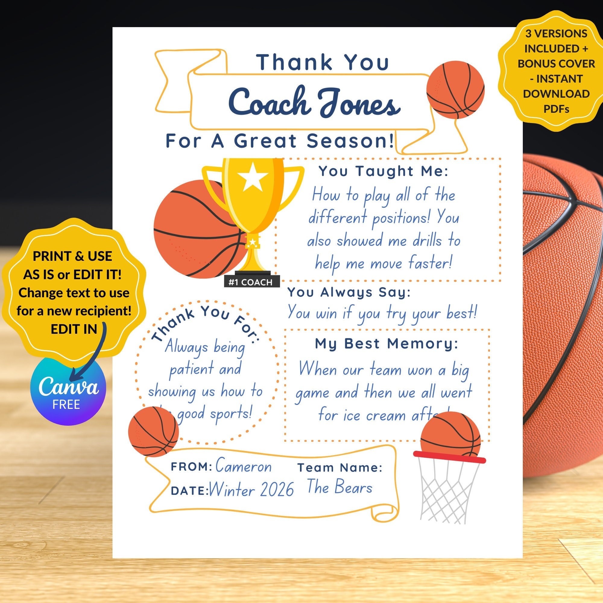 Basketball Coach Thank You Gift: Fill-in-the-blank Printable (EDITABLE ...