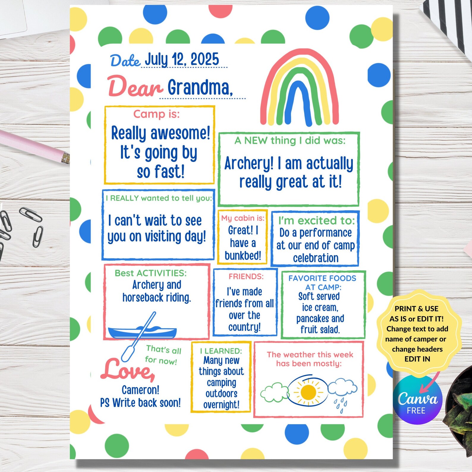 Fill in the Blank Camp Letter, Printable Letter Camp Letter, Rainbow ...