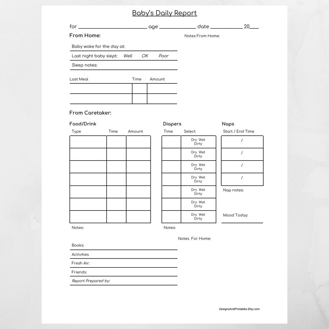 Baby Report for Nanny Daycare Preschool Babysitter Diaper Feeding Sleep ...