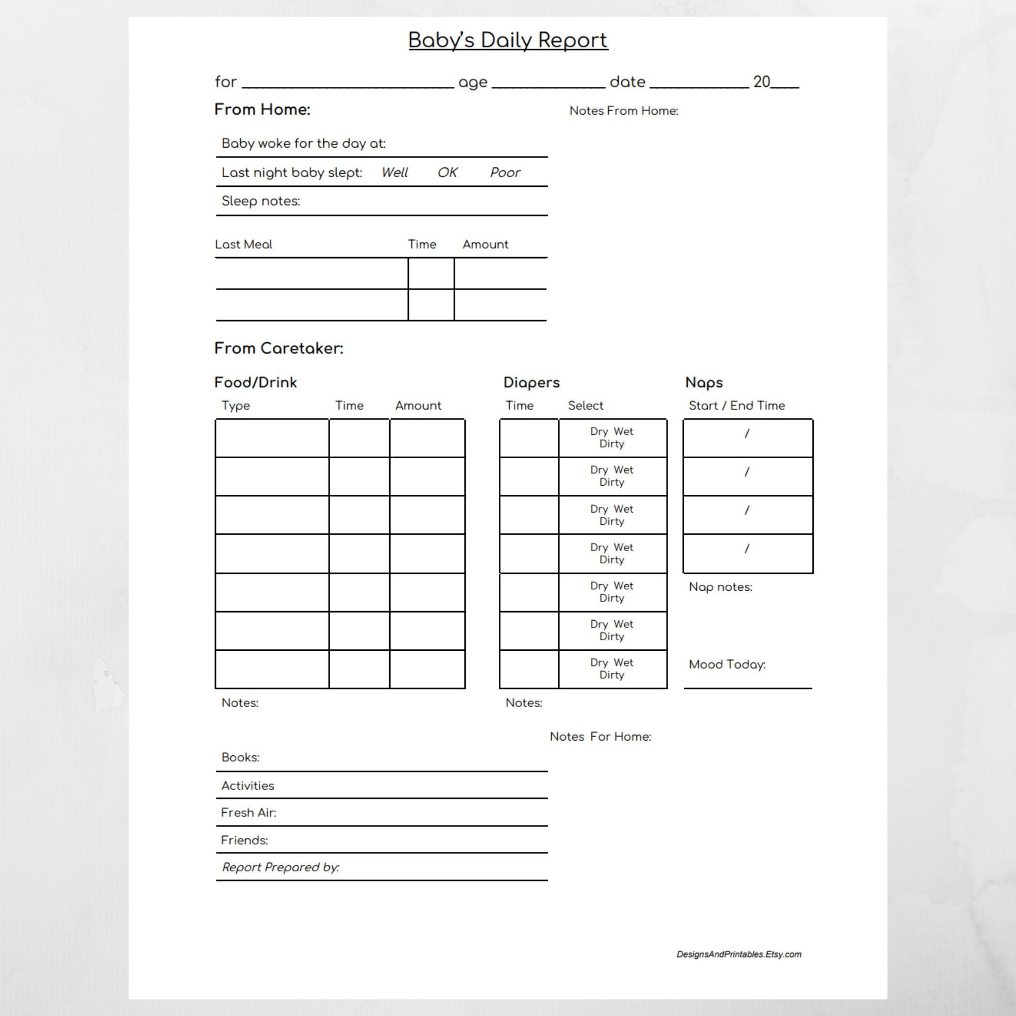 Baby Report for Nanny Daycare Preschool Babysitter Diaper Feeding Sleep ...