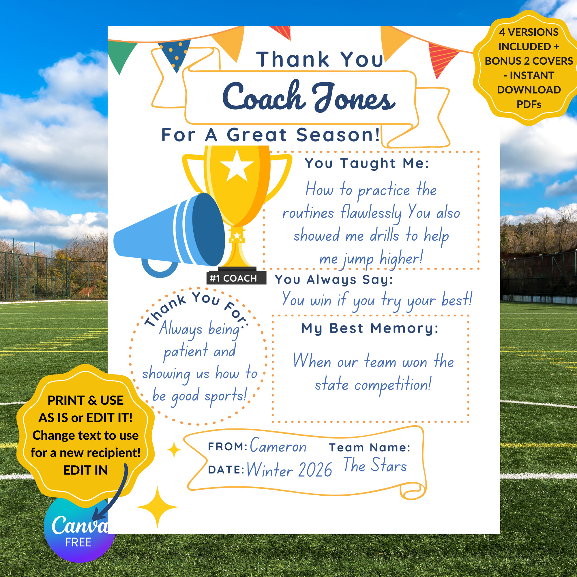 Cheer Coach Thank You Present, Cheerleading Team End of Season Gift ...