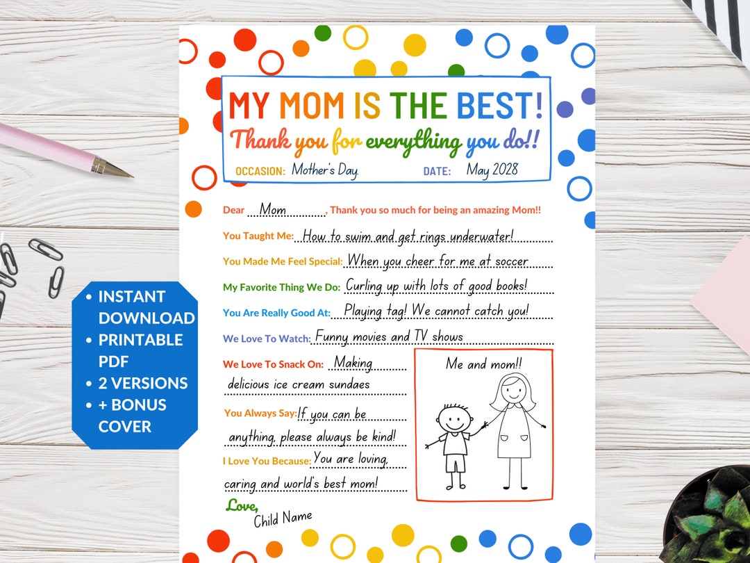 Mother's Day Printable, All About Mom Fill in Blank, Mama Gift From ...